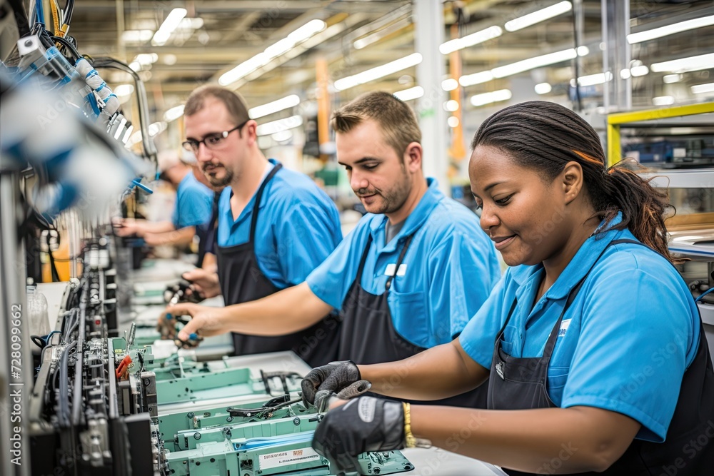 Bright and airy factory, a diverse group of workers collaborates around ...