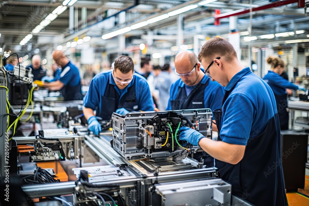 Bright and airy factory, a diverse group of workers collaborates around ...