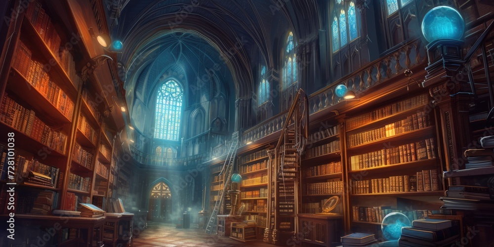 An ancient library filled with magical books, glowing orbs, and ...
