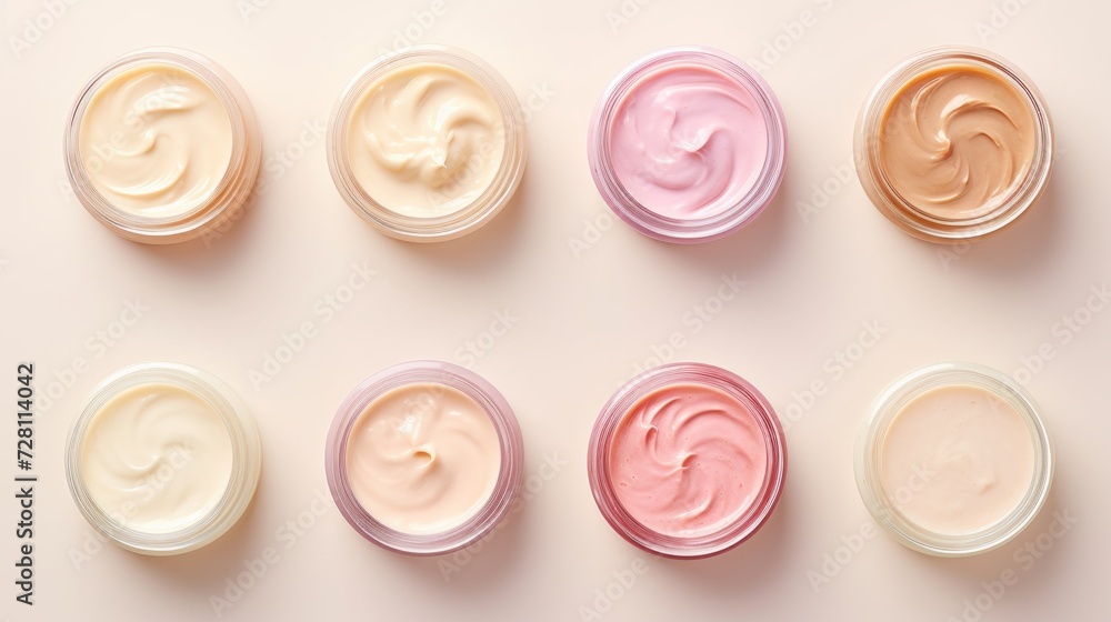 Variety of organic cosmetic creams for skin care in open jars on a pink ...