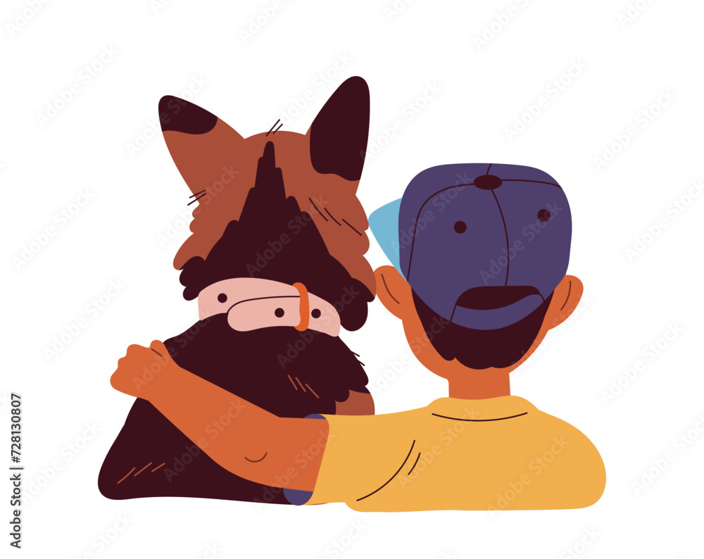 Children hug dog concept. Young guy with puppy in hands. Love and care ...