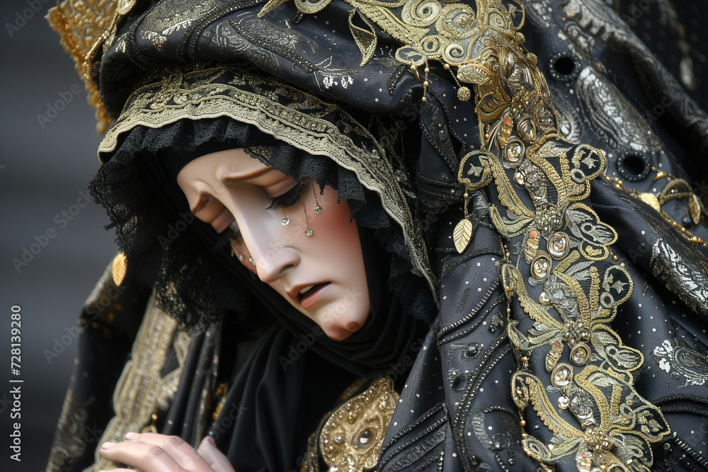 Statue of the Virgin Mary Crying, Dressed in Black and Gold, Depicting ...