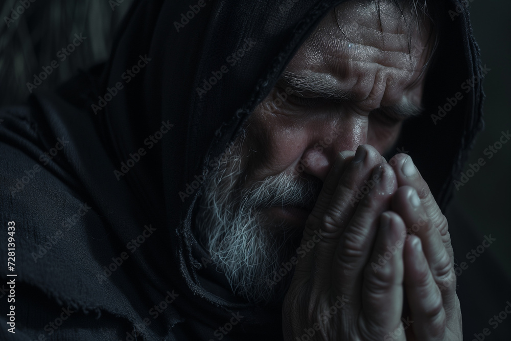 Mourning Man Praying and Crying, Young Widow Bowing in Prayer to God ...