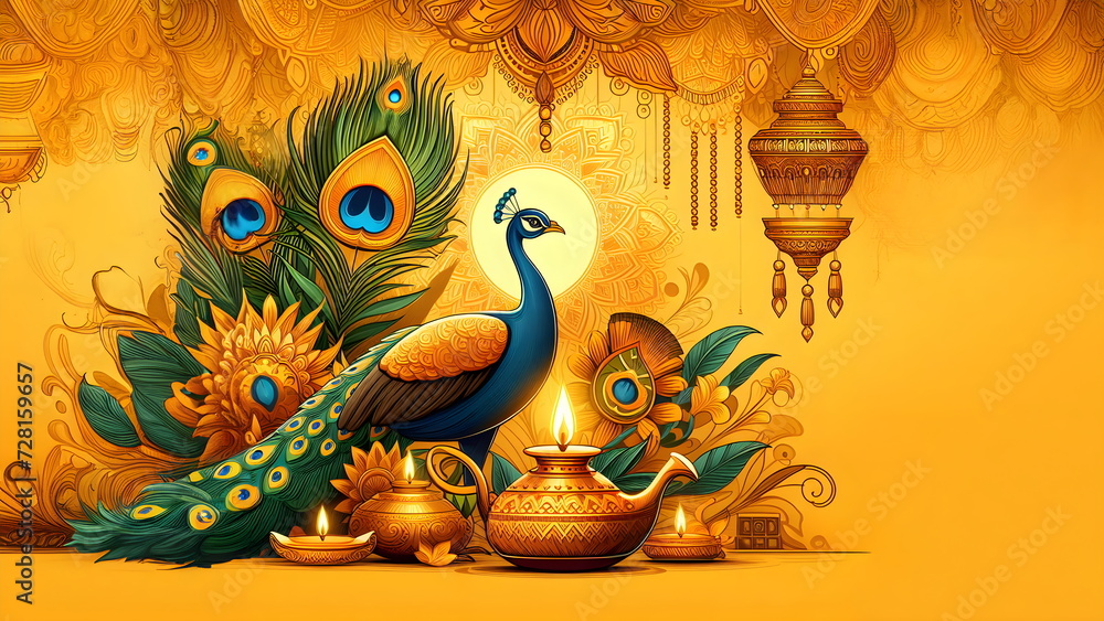 illustration of thaipusam background with diya lamp and peacock Stock ...