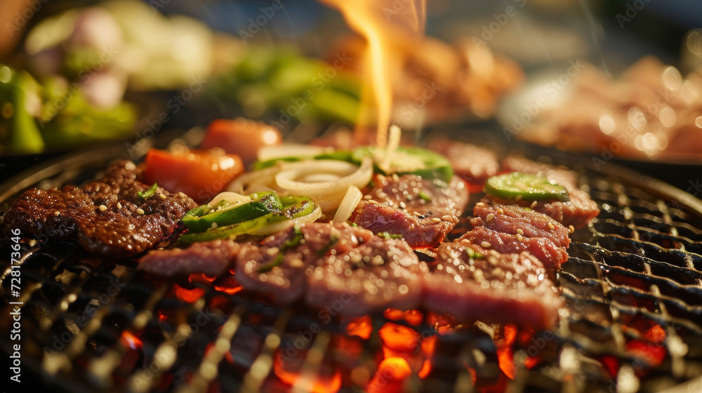 Vibrant vegetables and slices of tender grilled meat adorn the communal ...