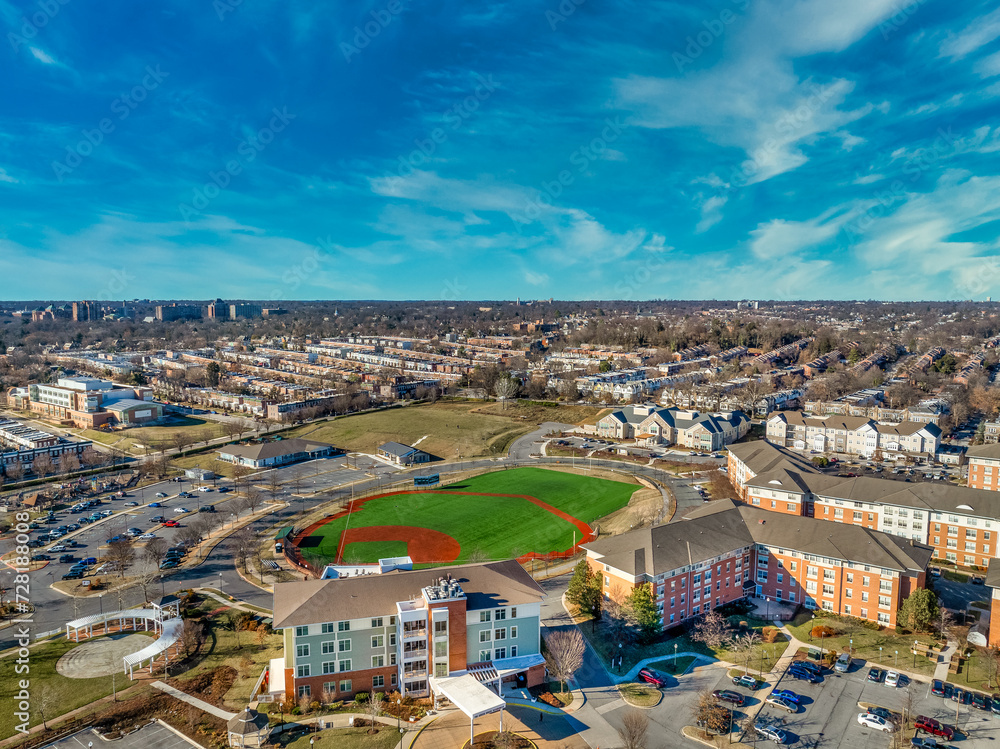 Aerial view of the former Memorial stadium redevelopment, now community ...