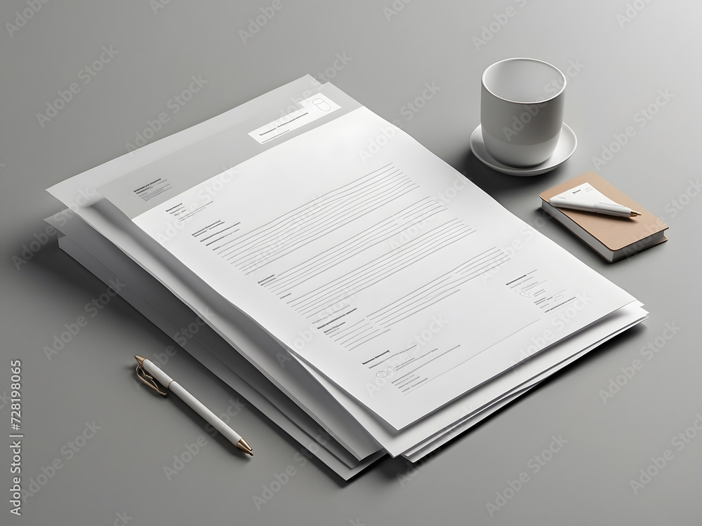 Cv, resume, letterhead, invoice mockup. Stack of A4 papers on a grey ...