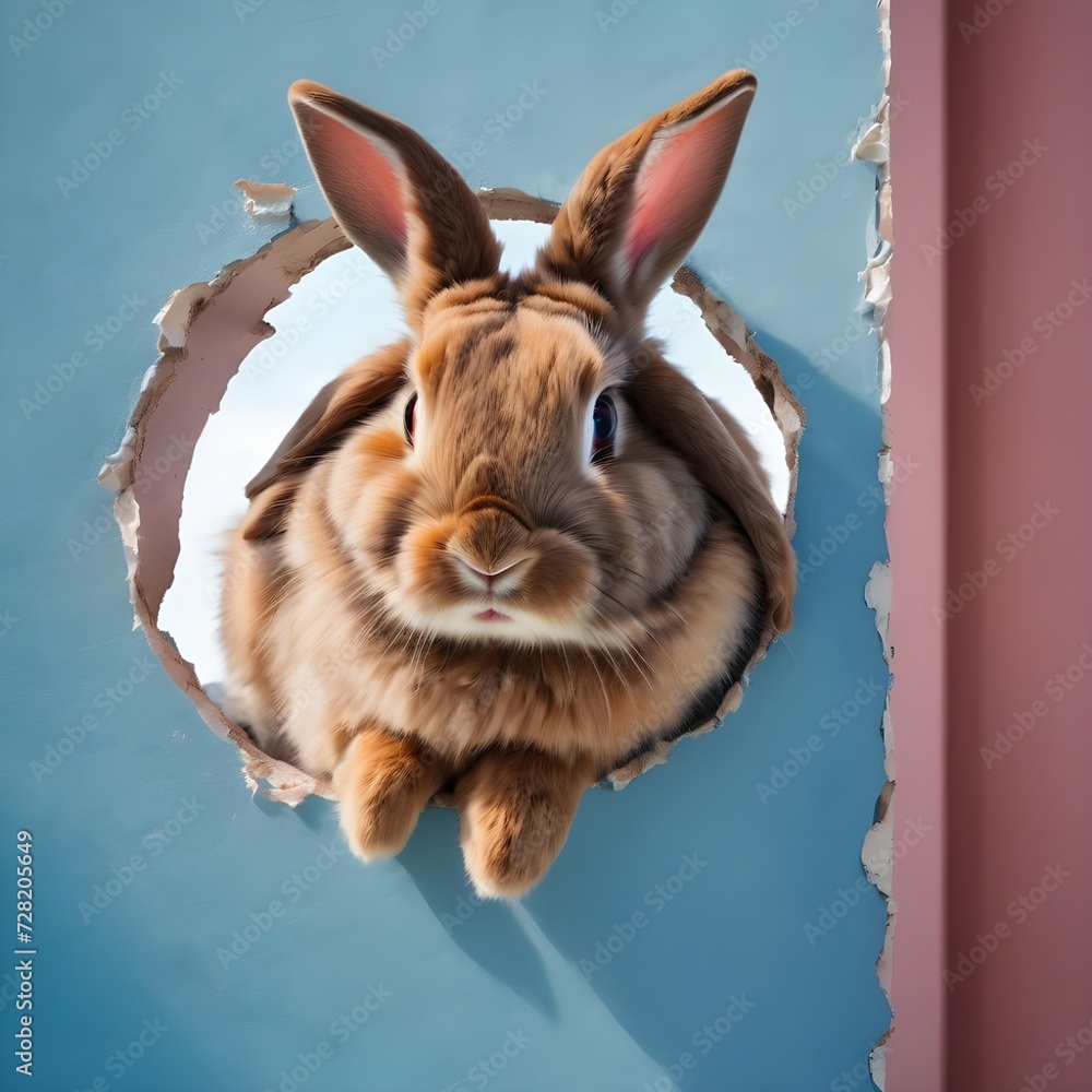 Bunny peeking out of a hole in blue wall, fluffy eared bunny easter ...
