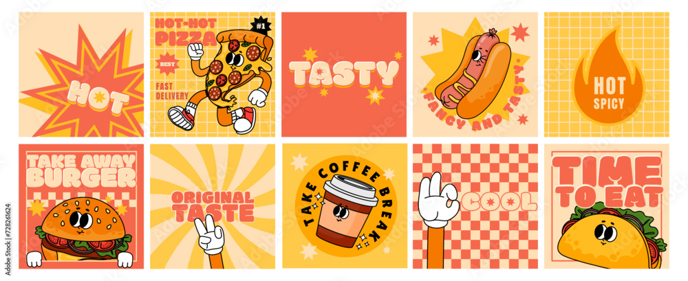 Fast food cards. Retro posters, stickers with hot dog, taco, burger ...