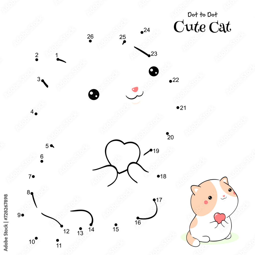 Connect The Dots and Draw Cute Cat. Dot to dot puzzle - cartoon little ...