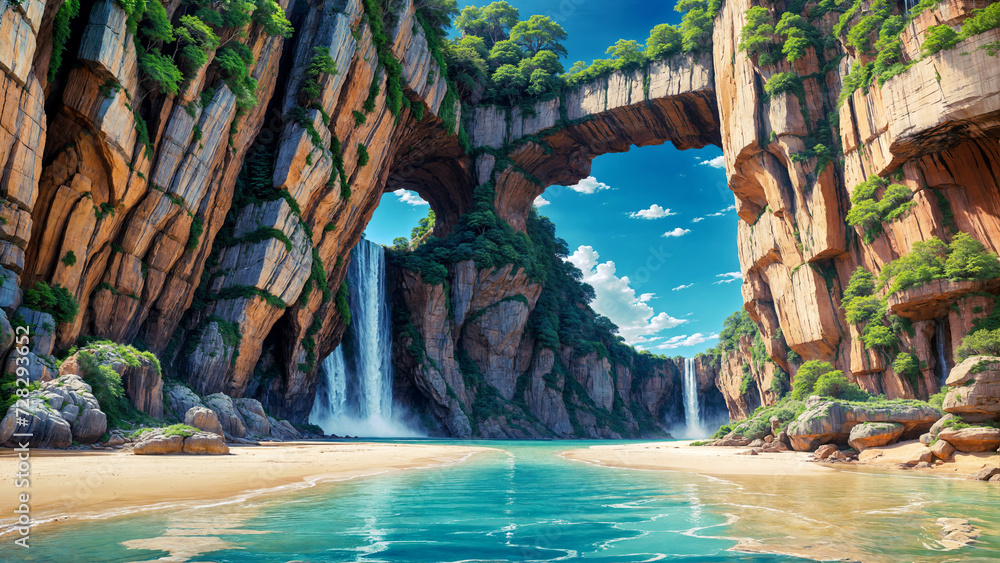 Idyllic tropical summer fantasy island with high rocky coastal cliffs ...