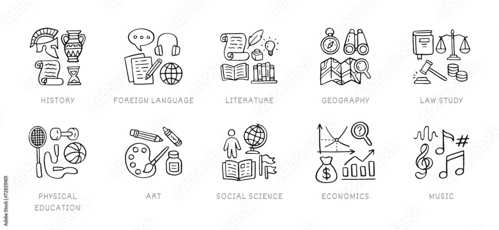 Humanitarian sciences doodle icon set. School subjects - history ...