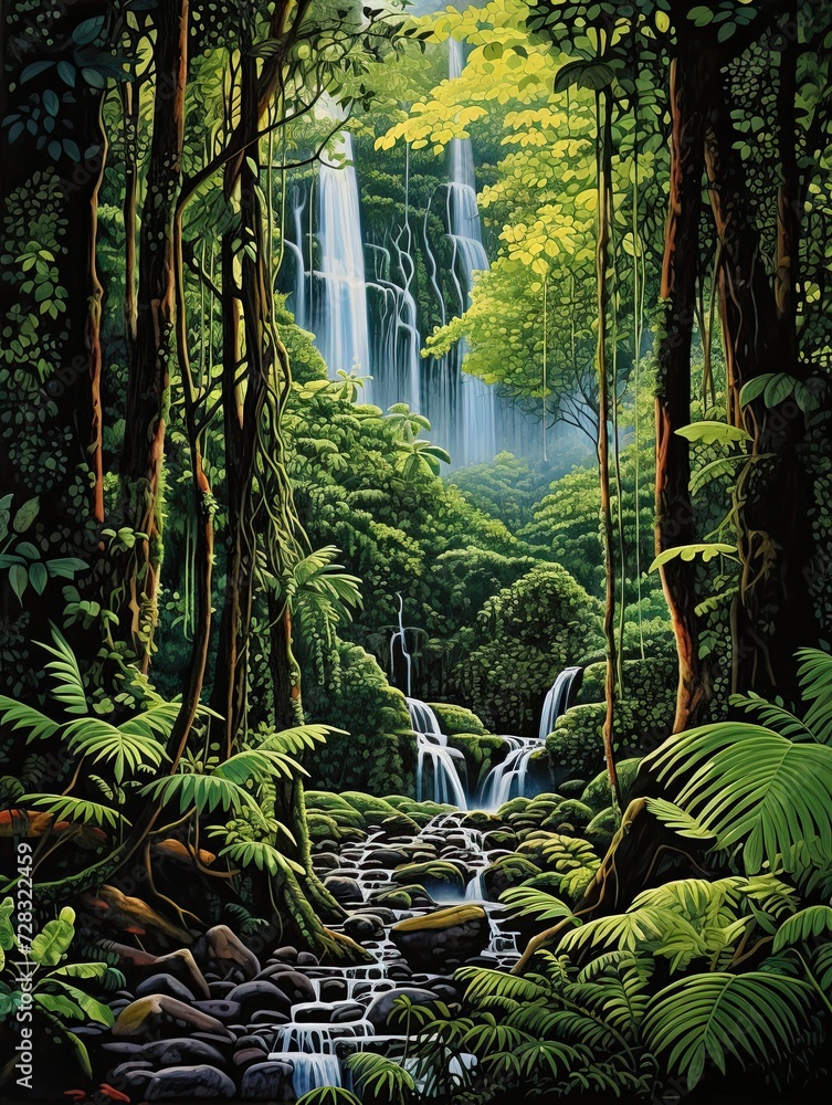 Rainforest Waterfall Scenes: Trees Framing Majestic Cascades in ...