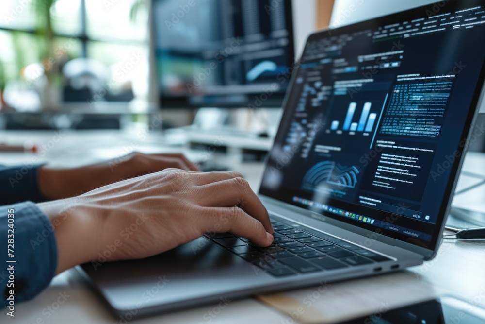 Coding expert scene: Cropped closeup picture of male fingers on laptop ...