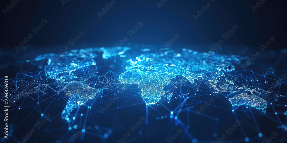 Blue abstract digital map of world map with lines and dots conected ...