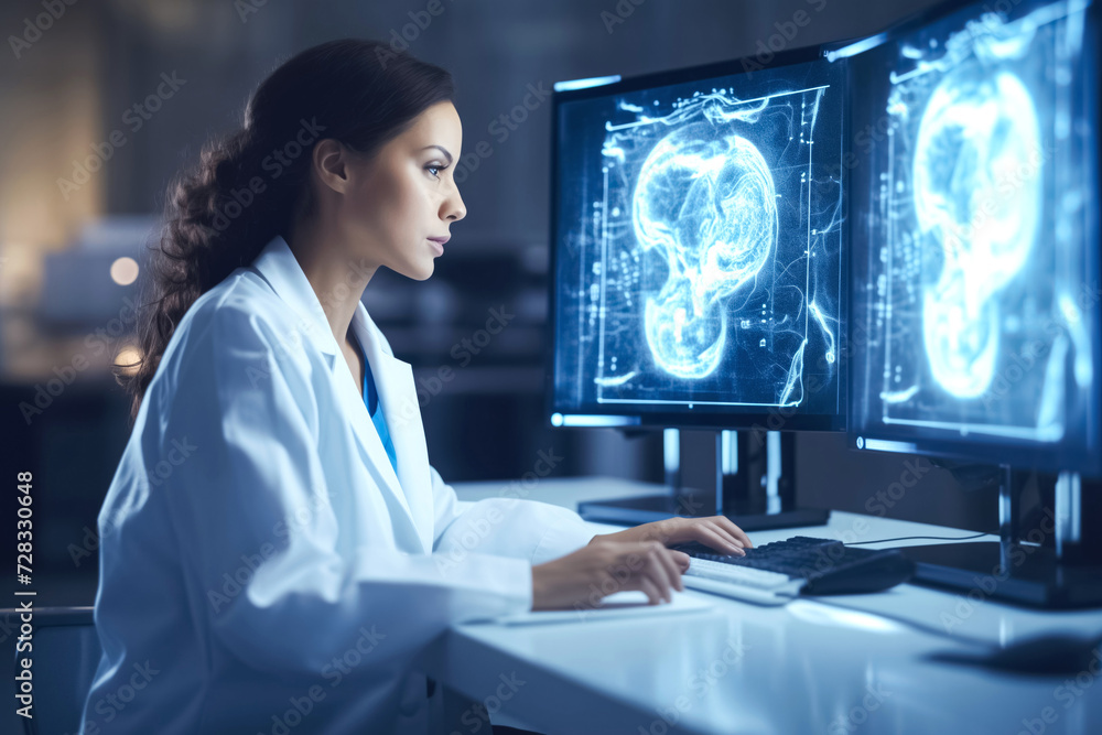 Skilled female brunette meticulously examining brain scans on computer ...