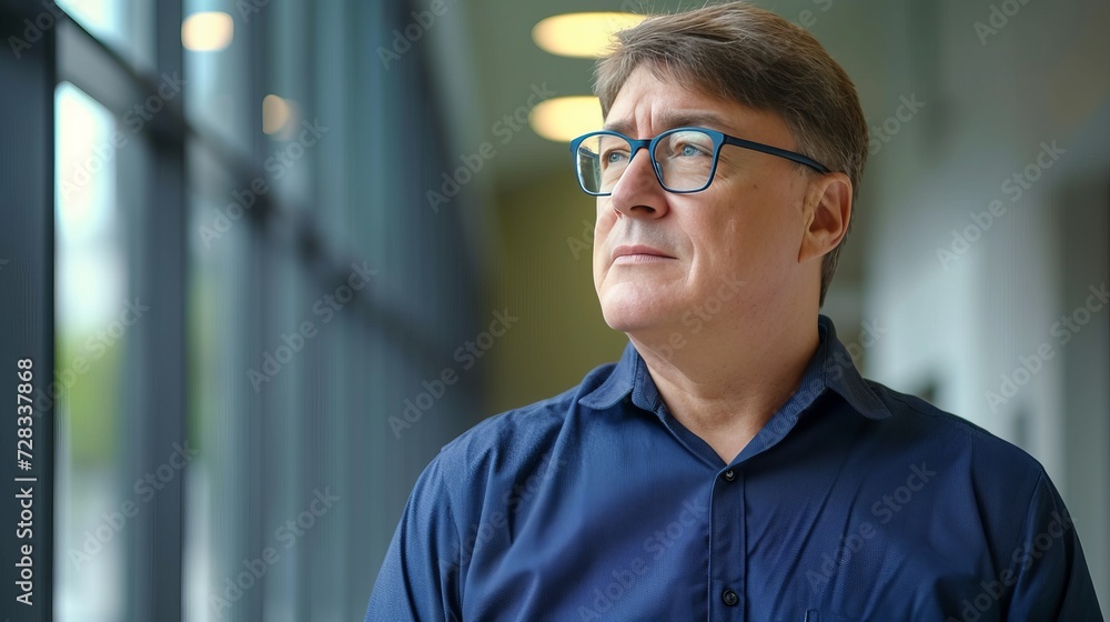 Professional middle aged man wearing glasses looking thoughtfully with ...