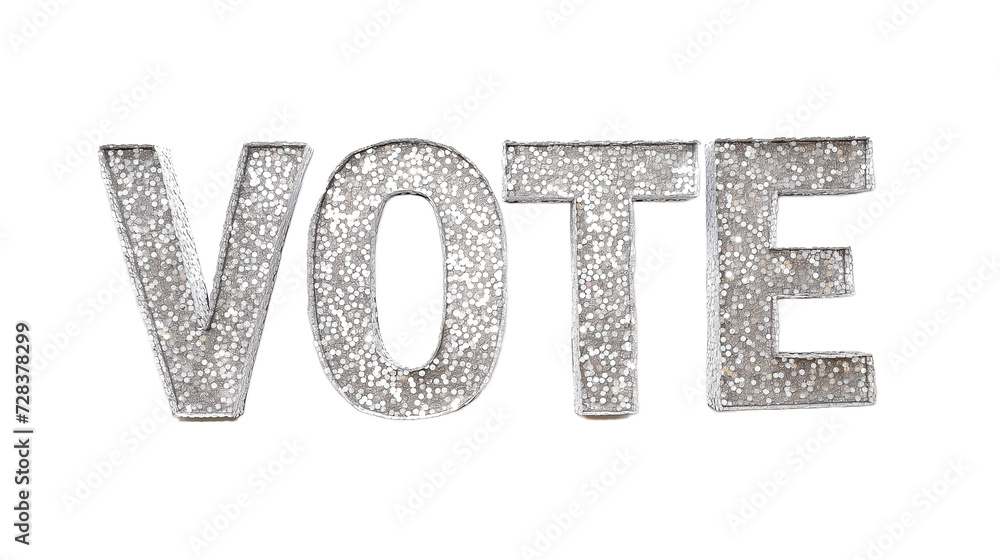 Glittering silver VOTE word in a bold, uppercase font isolated on a ...
