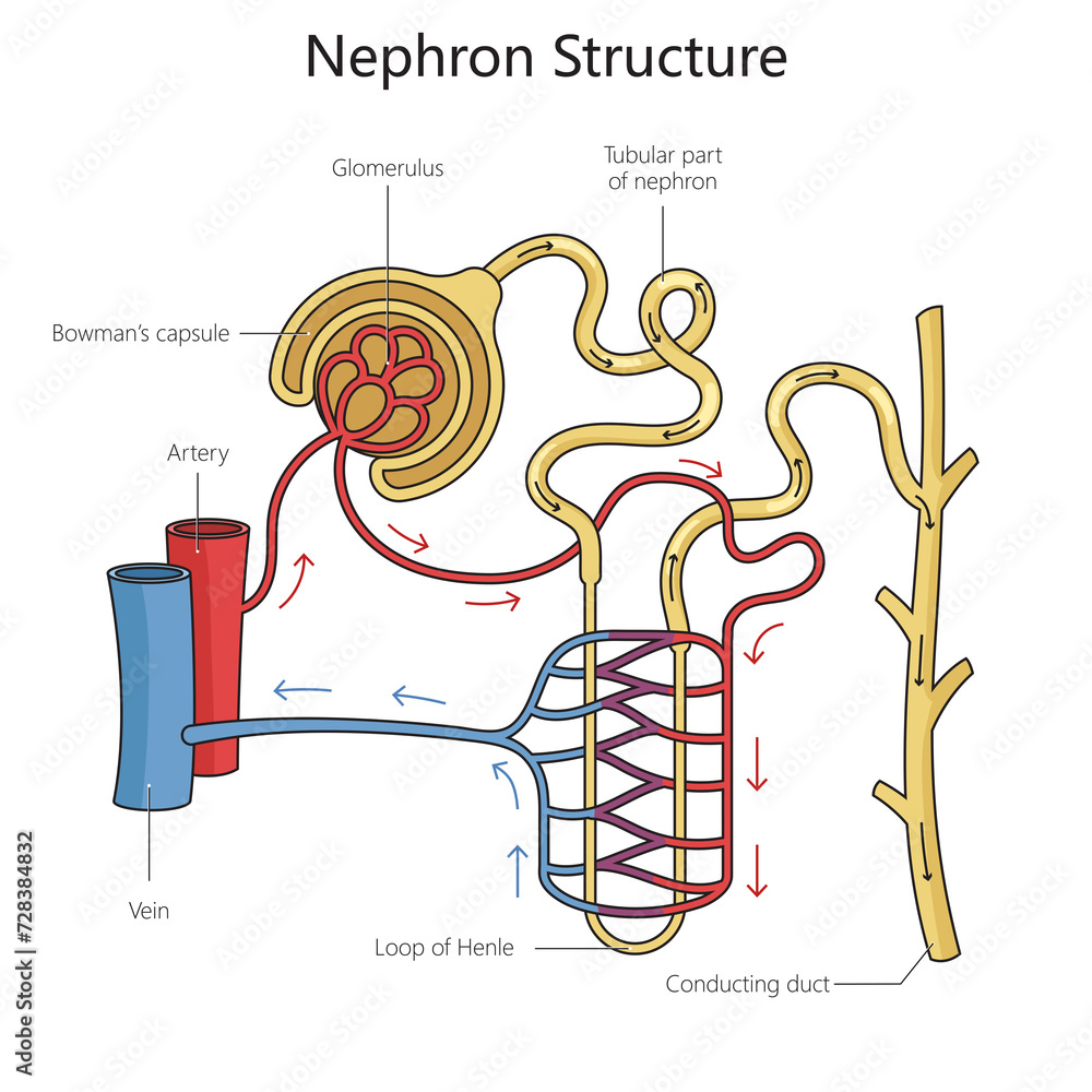 Nephron structure diagram hand drawn schematic raster illustration ...
