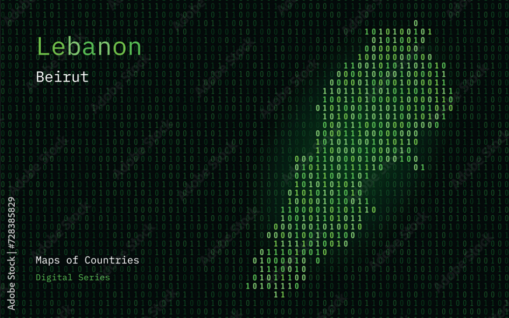 Lebanon Map Shown in Binary Code Pattern. TSMC. Blue Matrix numbers, zero, one. World Countries ...