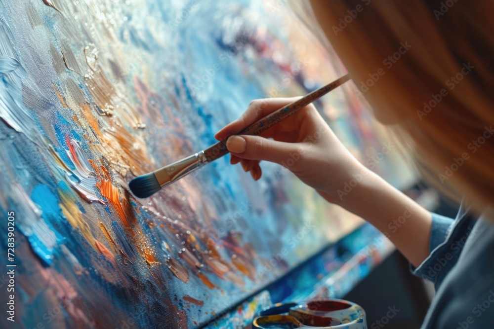Person painting on canvas, suitable for artistic and creative projects ...