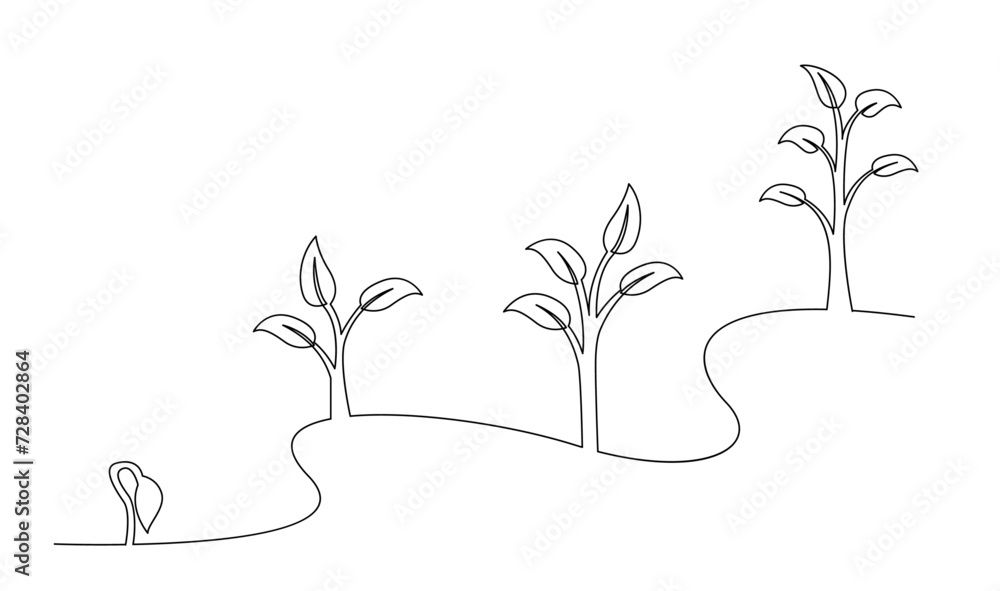 Continuous line drawing of step of tree growth. Plants grow isolated on ...