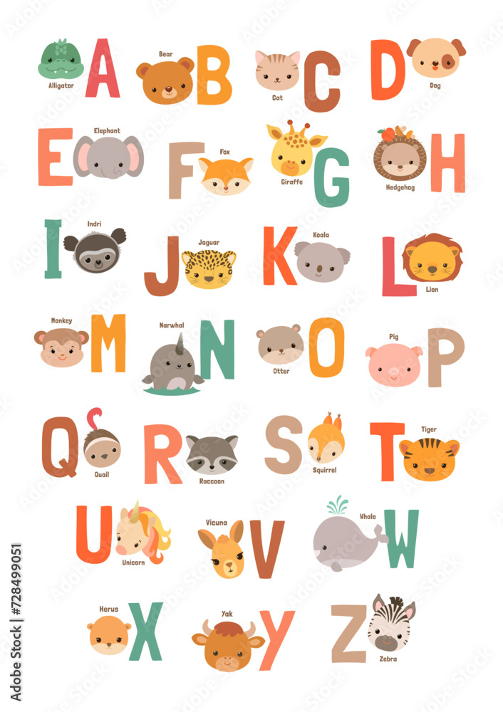 Animals alphabet poster for kids. Fun kawaii animal characters and ...