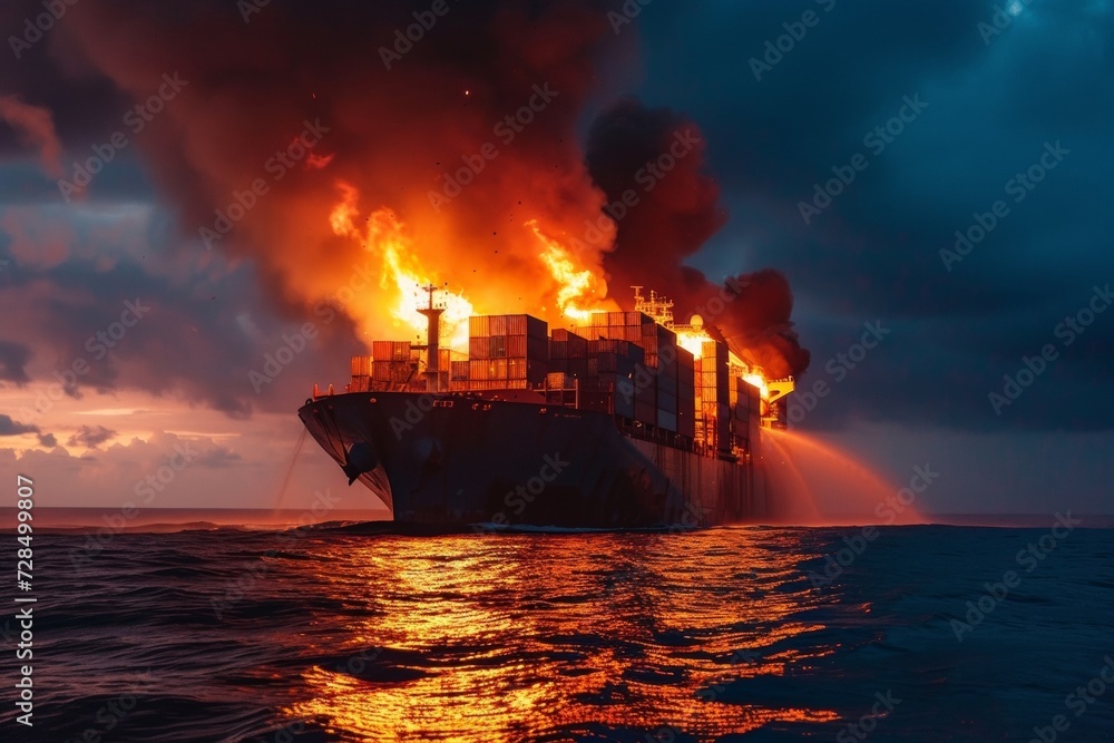 A large cargo ship carrying goods for international trade caught fire ...