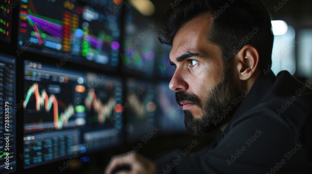 Trader executing trades on a multi-screen trading setup, close-up on ...