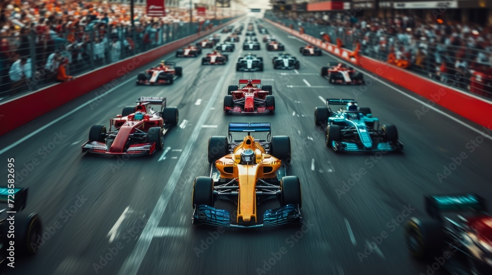 Sport fans cheering up. Formula One race cars during competition ...