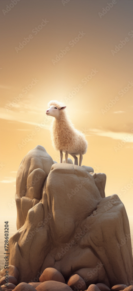 Little ram on a background of mountains. Gift card. Concept ...