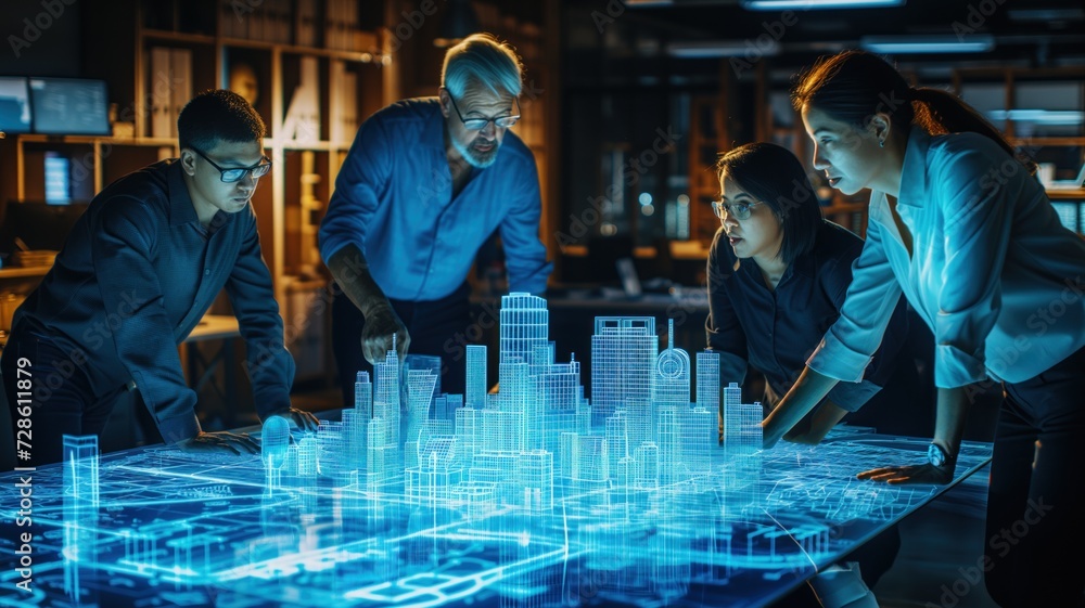 group of professionals at a high-tech table with a holographic ...