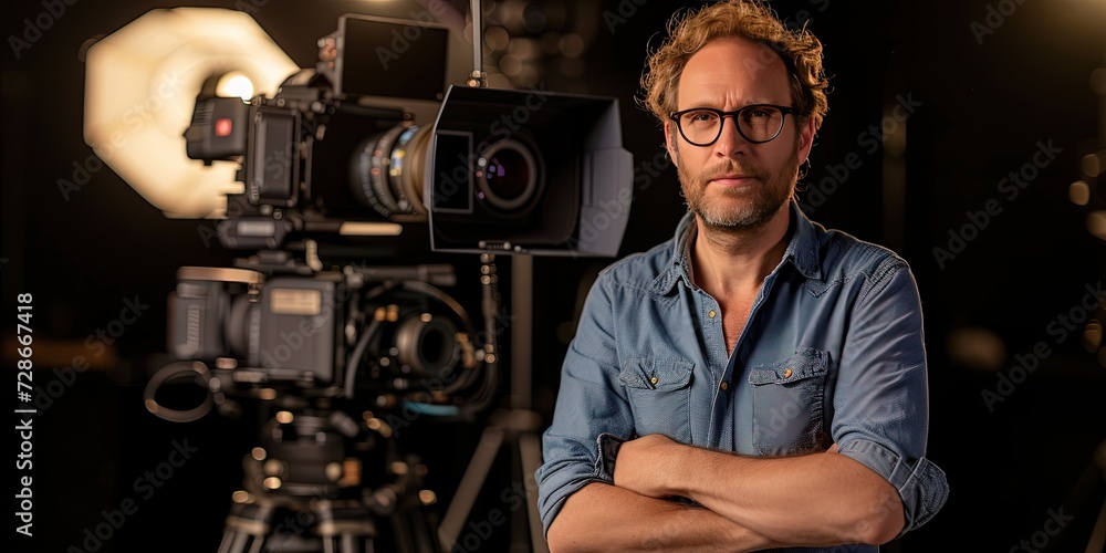 Director behind the camera of a motion picture film. Directing actors ...