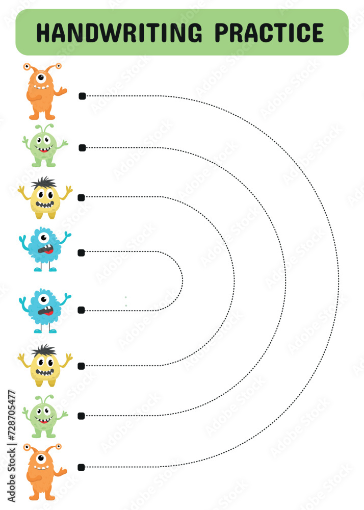 Handwriting practice sheet with monsters. Children's educational game ...