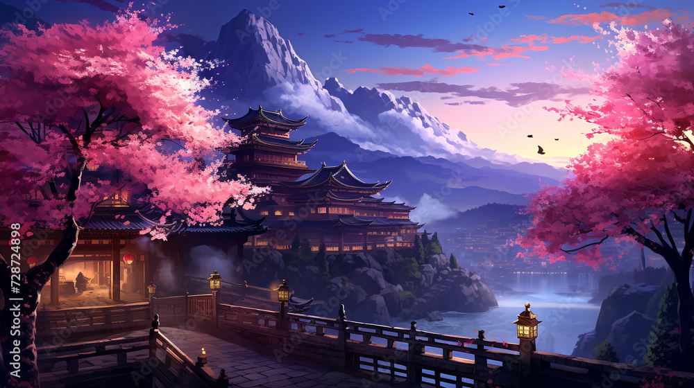 Illustration of Japanese or fantasy eastern landscape. Night, ancient ...