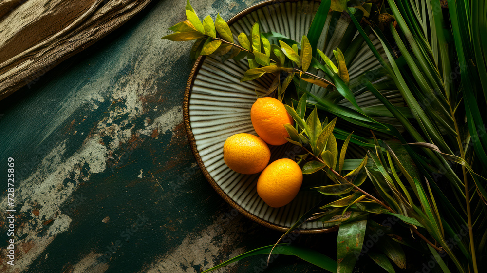 celebration of the Jewish holiday of Sukkot, etrog, date palm shoot ...