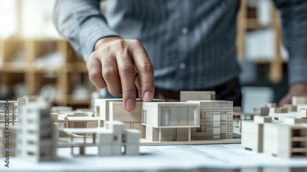 Architect finalizing a detailed scale model of a modern house design ...