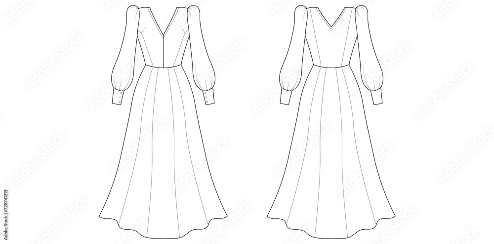 Front And Back View Of Hand Drawn Dress Vector Illustration. Stock ...