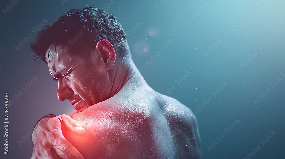 Digitally generated image of man suffering with shoulder inflammation ...