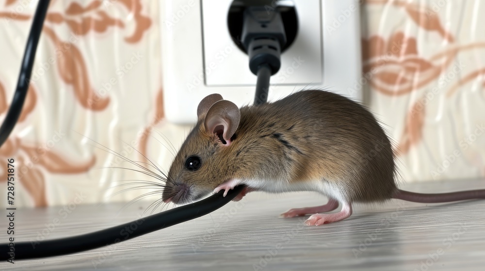 a mouse is gnawing on a wire inside an apartment house, set against the ...
