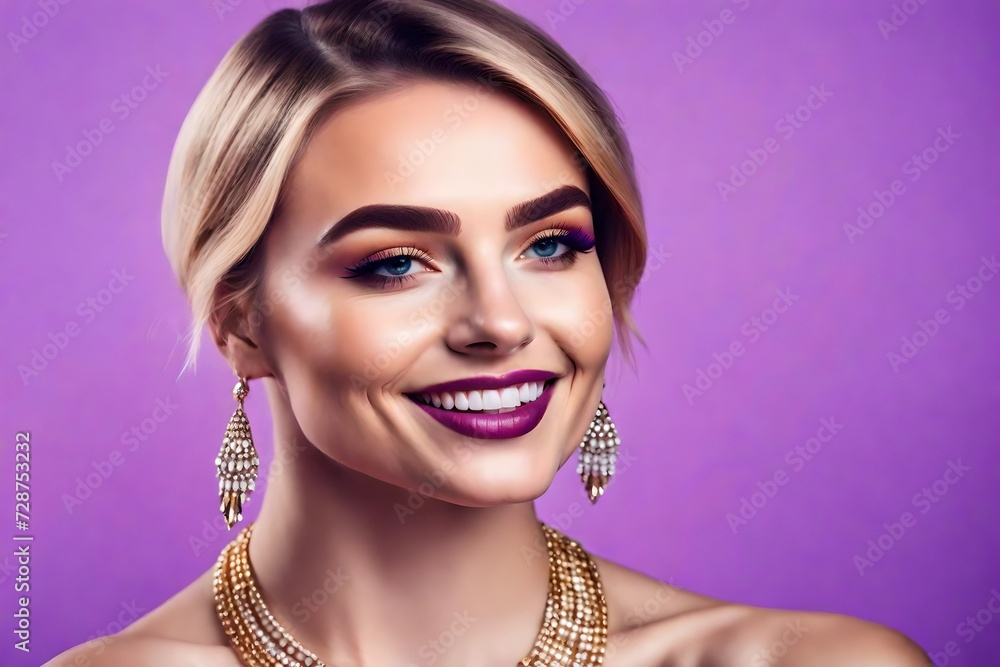 Young woman, portrait and makeup with jewelry, and mockup . Purple ...