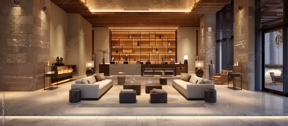 Modern, stylish resort lobby with cozy furniture, fireplace, and ...