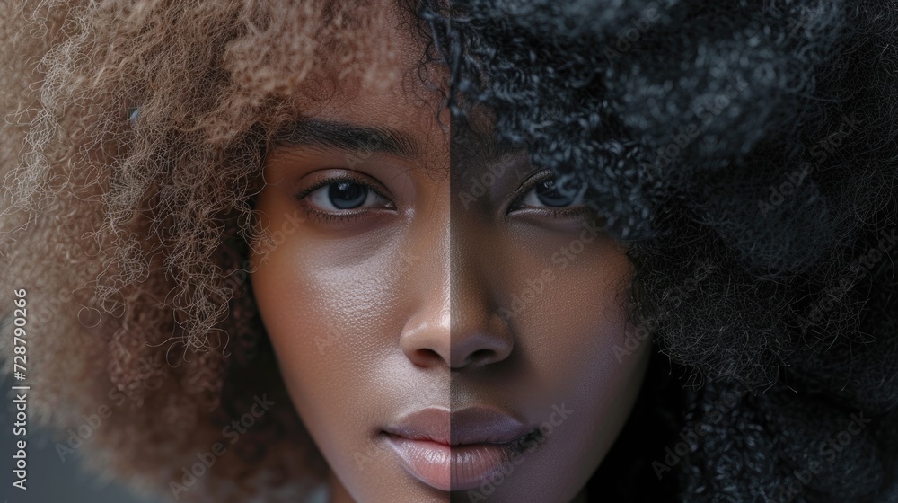 A split-image of African hair: on the left, the hair is natural, wild ...