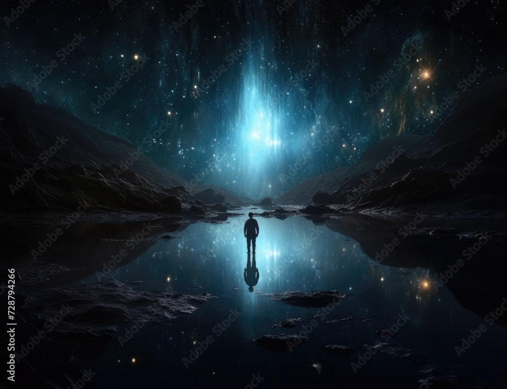 Solitary figure under moonlight reflection on water at night. Stock ...