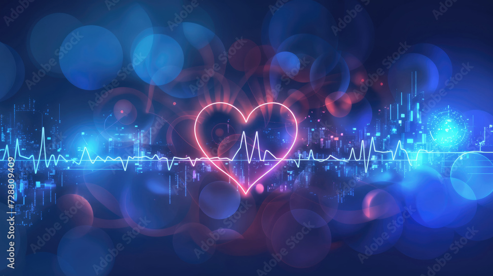 Neon heart outline with a vivid heartbeat line on a soft, bokeh blue ...