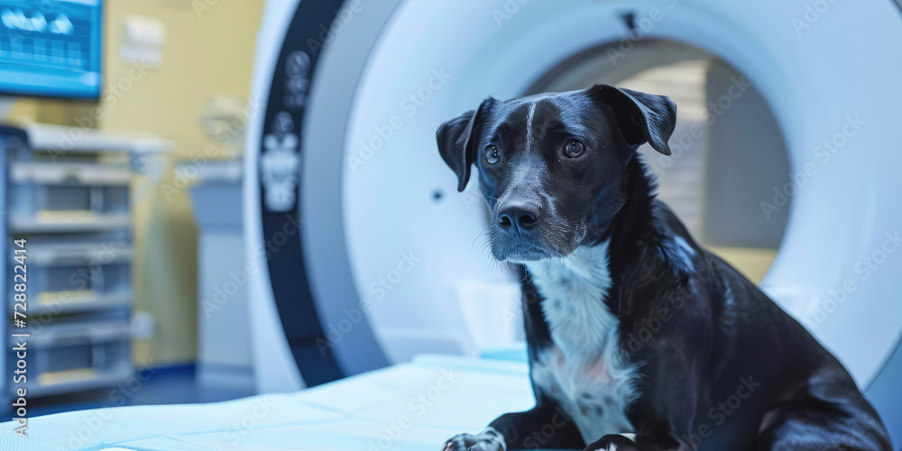 Dog Awaiting MRI Scan in Modern Veterinary Clinic. Puppy sits patiently ...