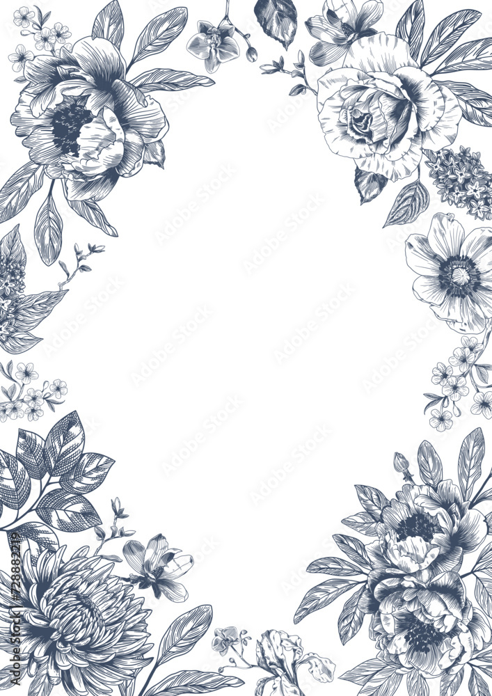 Botanical blue wedding frame or wreath on white background. Hand drawn ...