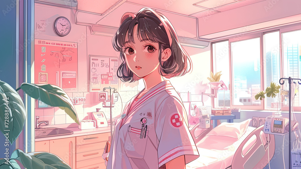 cute nurse in a cozy hospital room, anime manga artstyle, world health ...