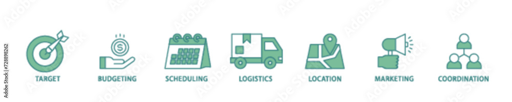 Event management icon set flow process illustrationwhich consists of ...