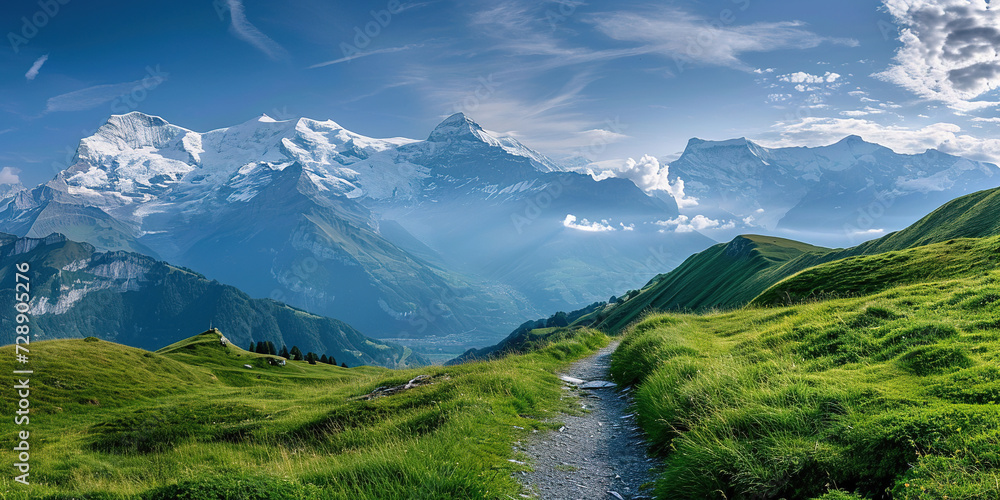 Swiss Alps mountain range with lush forest valleys and meadows ...